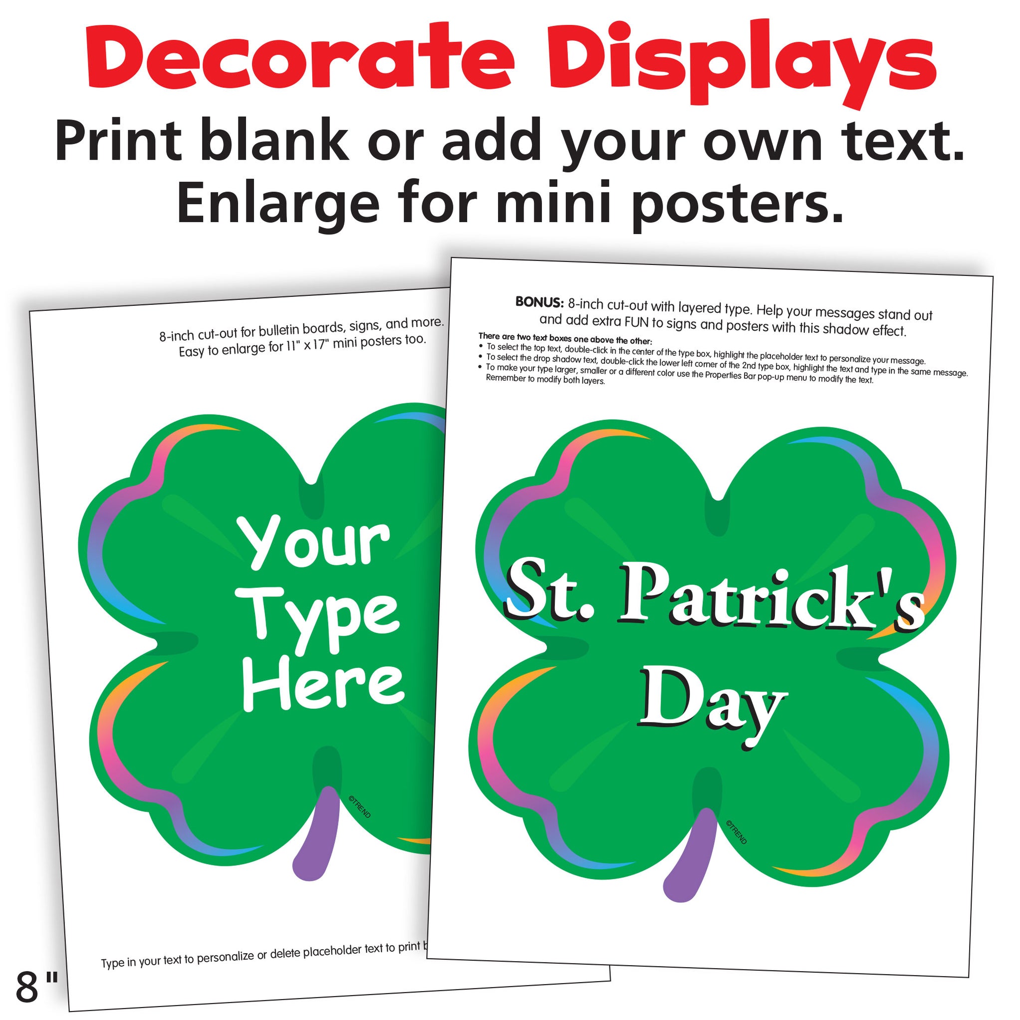 St. Patrick's Day Four-Leaf Clover Printable Decor Editable Cut-Outs ...